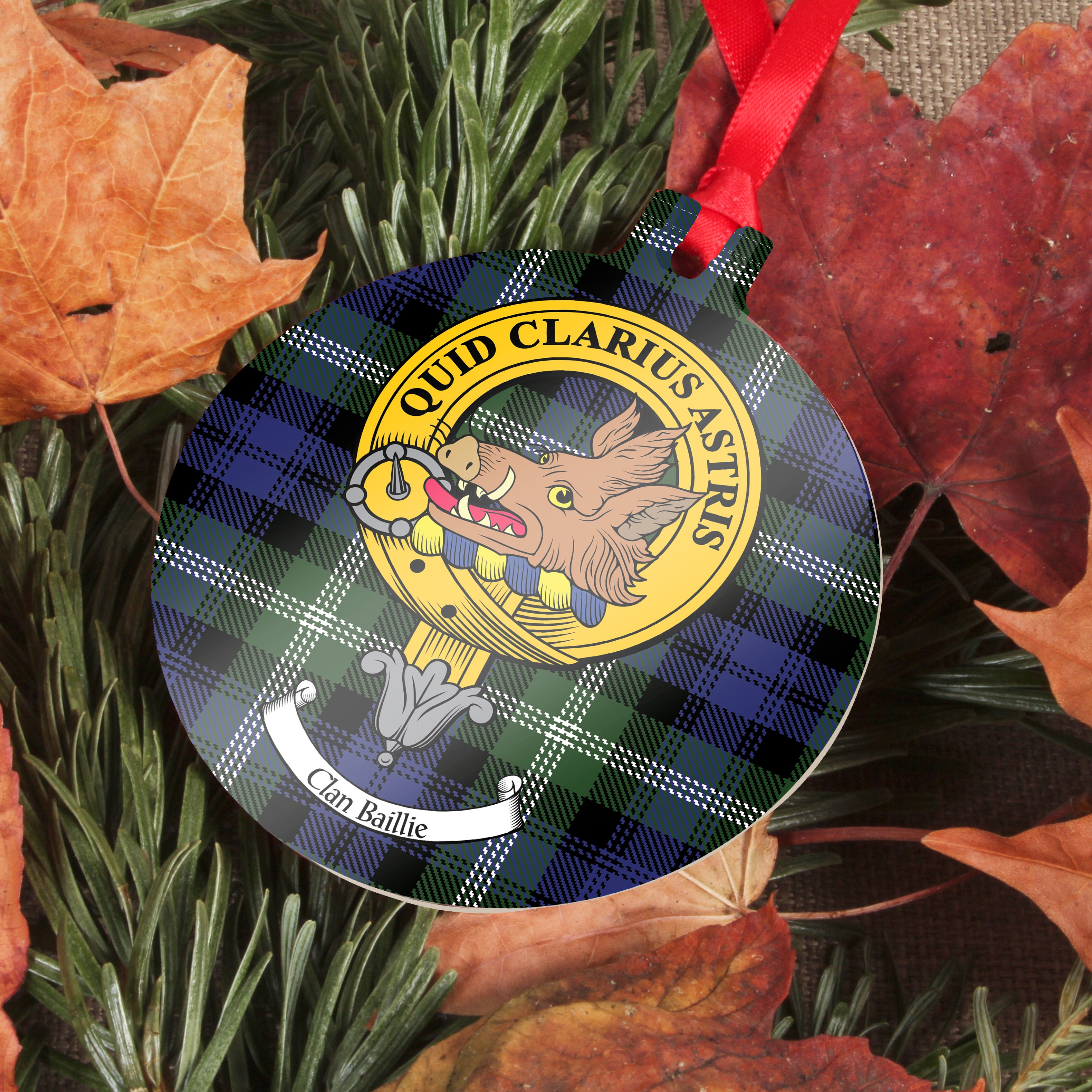 Baillie Clan Crest and Tartan Metal Christmas Ornament - 6 Styles Avai