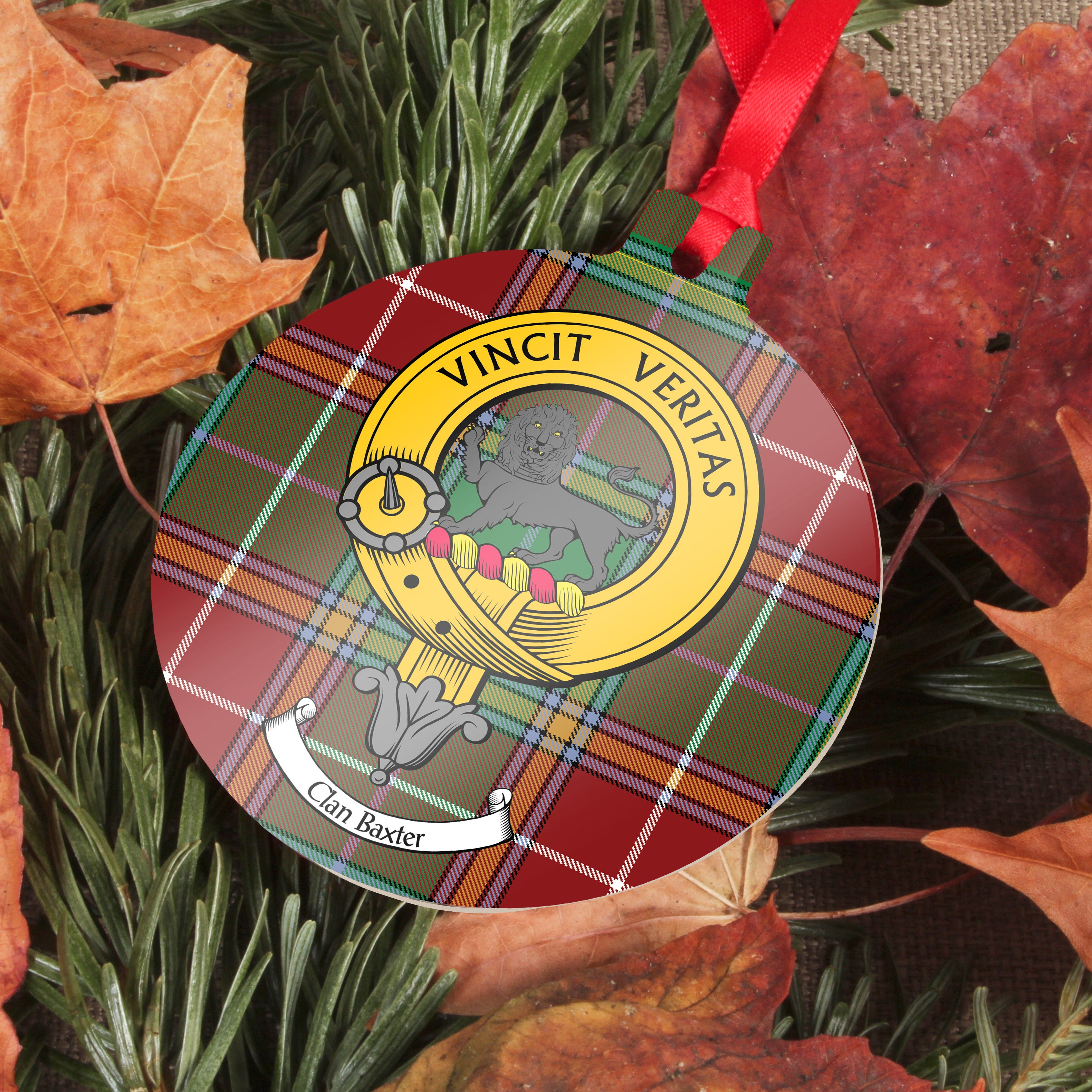 Baxter Clan Crest and Tartan Metal Christmas Ornament - 6 Styles Avail