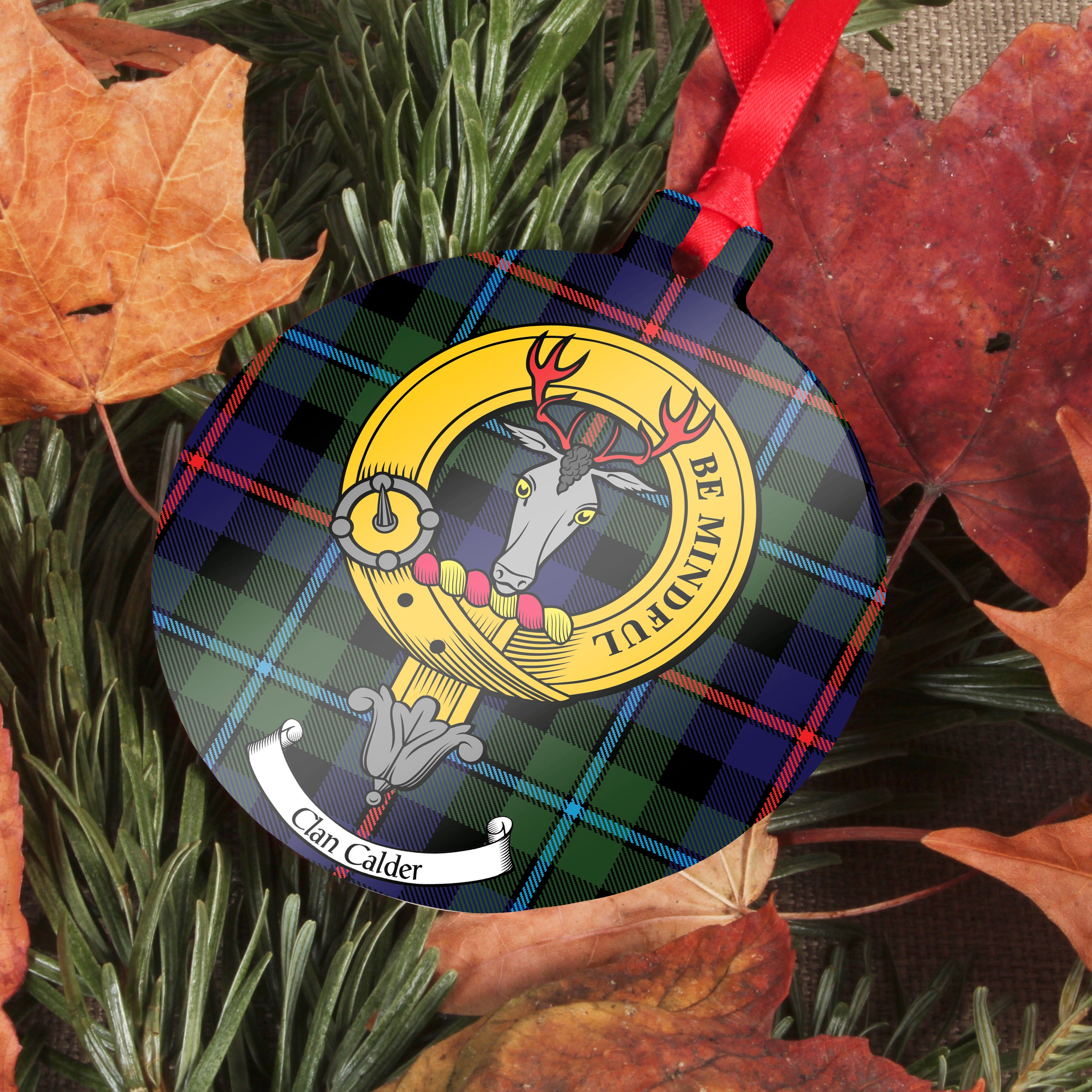 Calder Clan Crest and Tartan Metal Christmas Ornament - 6 Styles Avail
