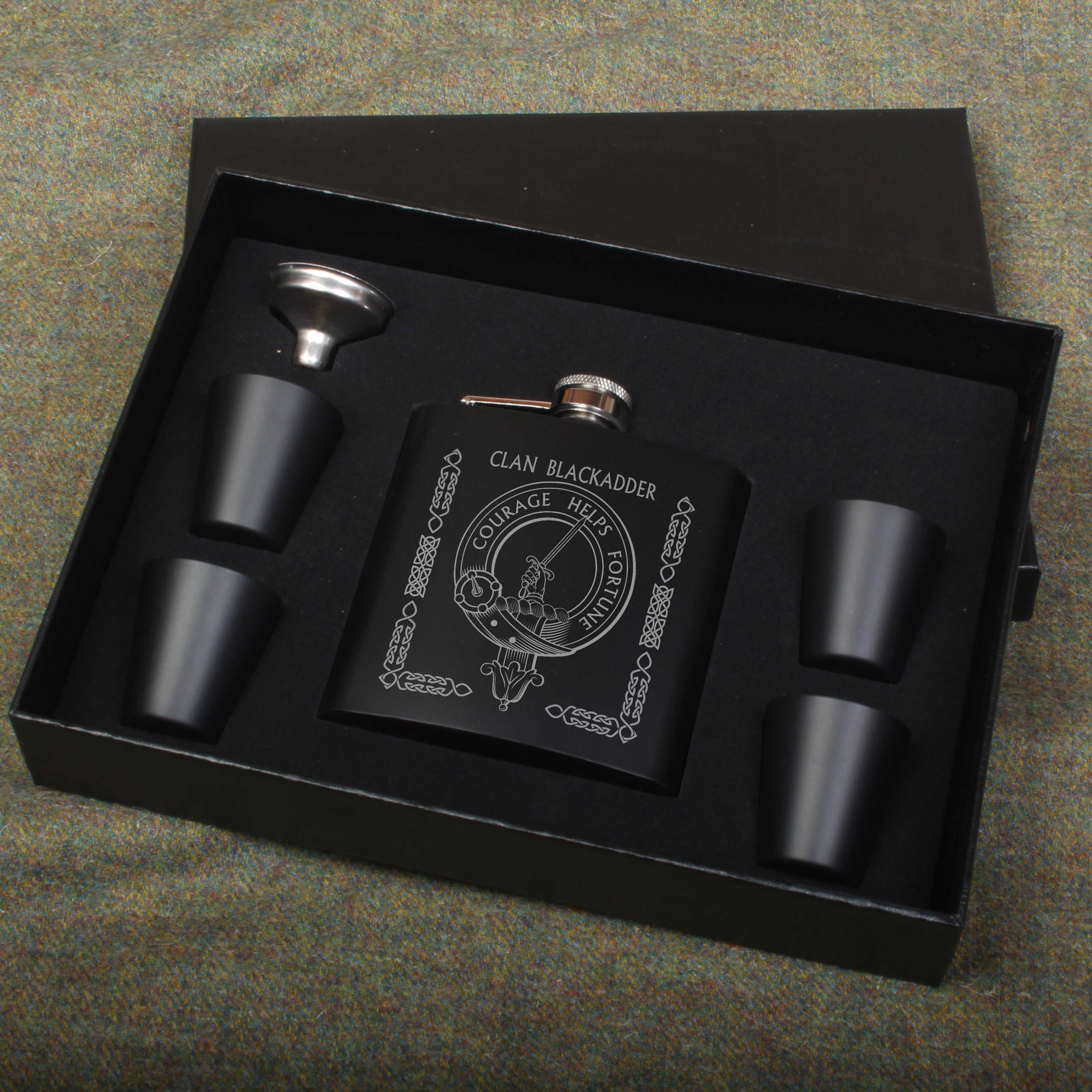 Clan Crest Matte Black Hip Flask Gift Set