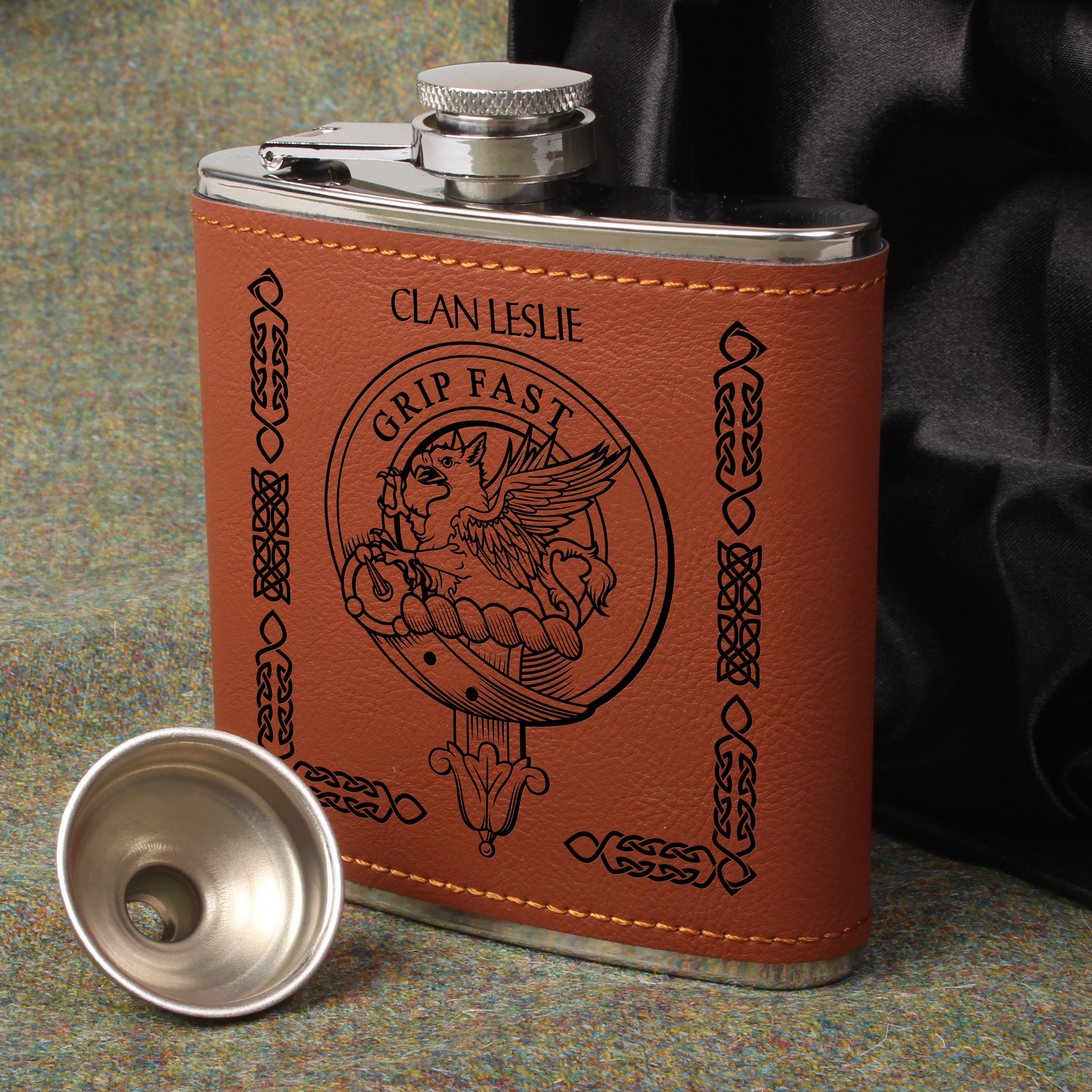 Leslie Clan Crest Leather Hip Flask