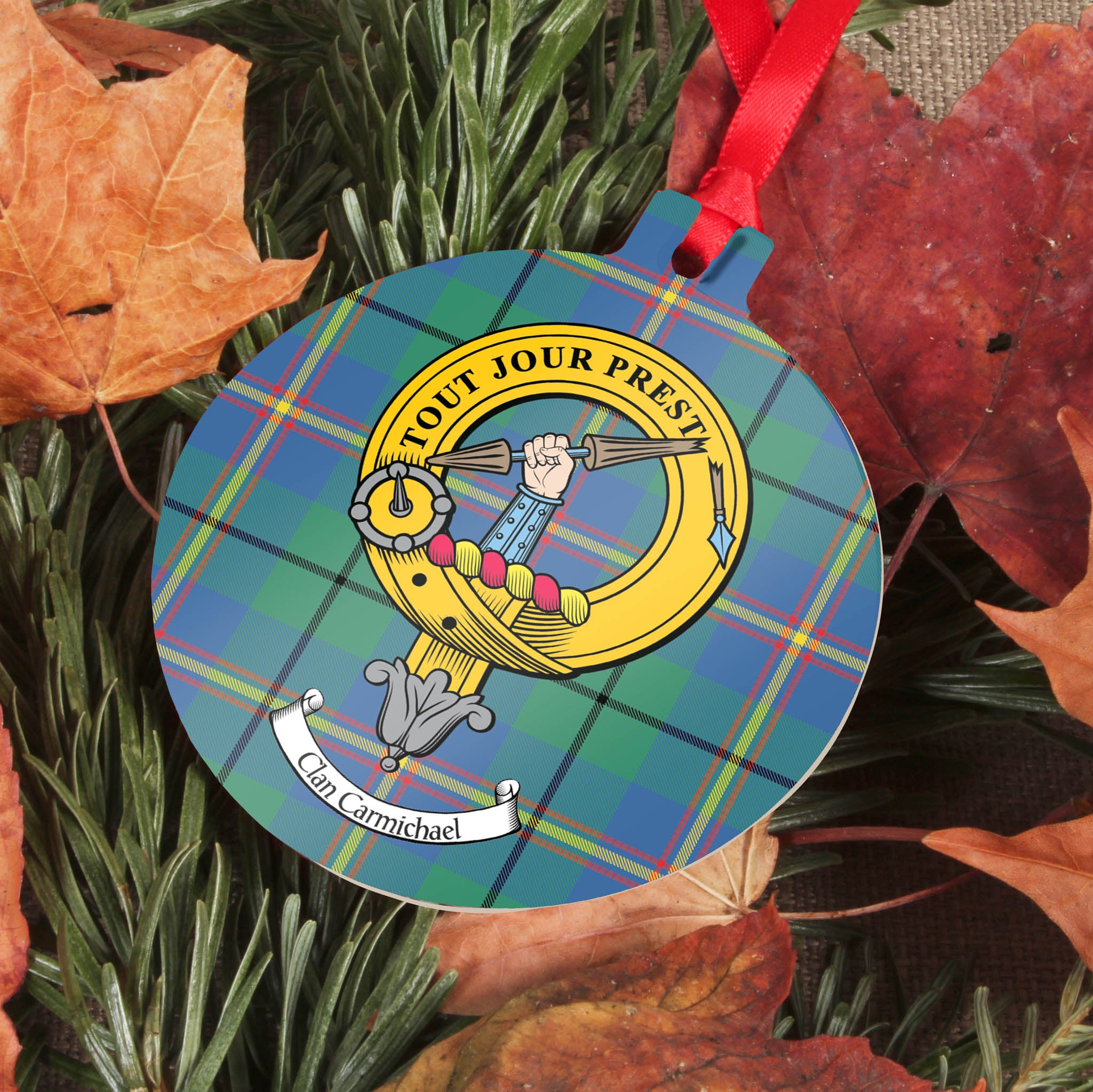 Carmichael Clan Crest and Tartan Metal Christmas Ornament - 6 Styles A