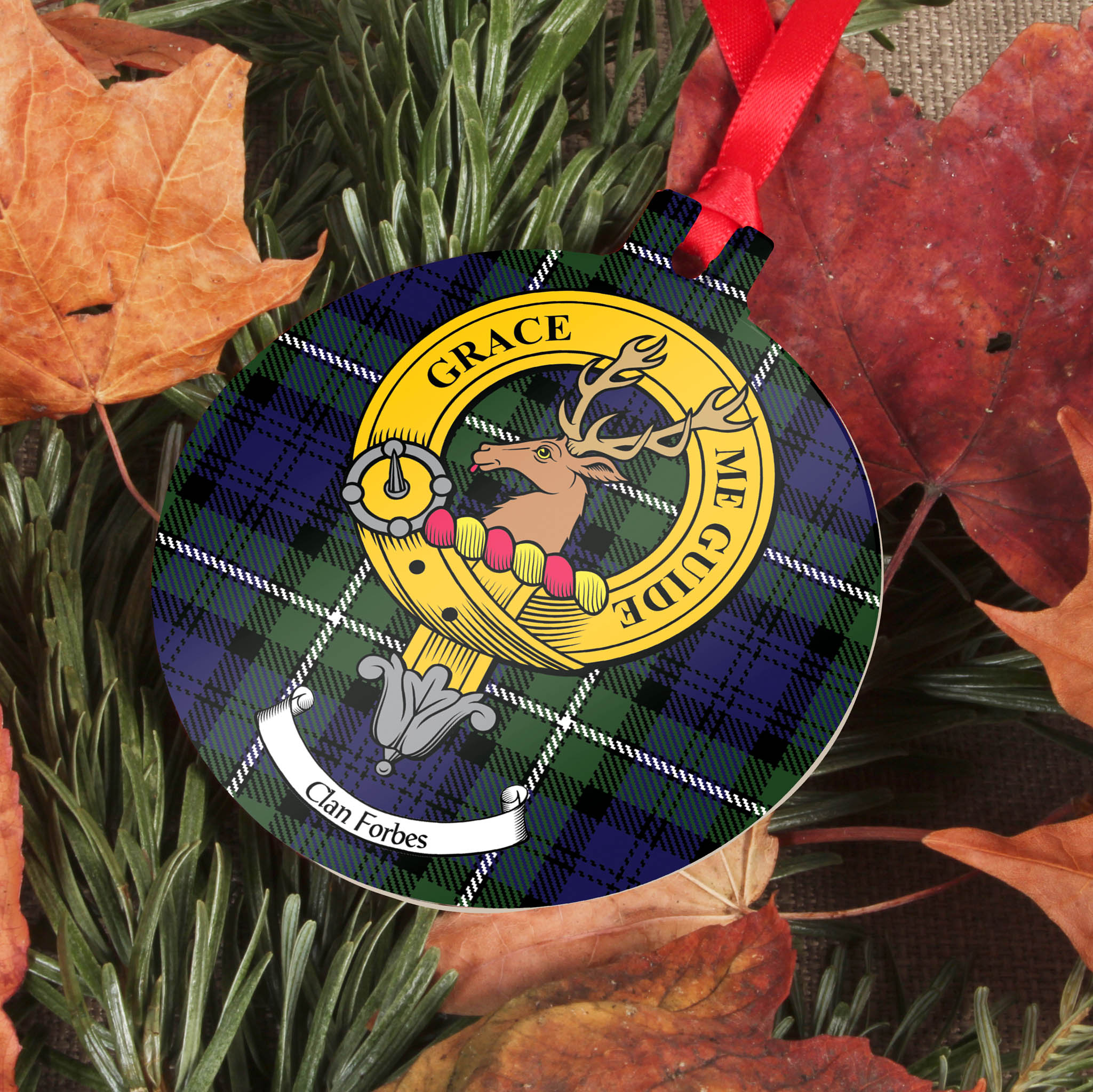 Forbes Clan Crest and Tartan Metal Christmas Ornament - 6 Styles Avail
